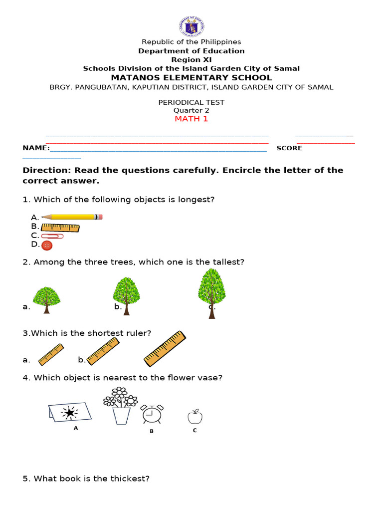 PT Grade 1 Matatag Math 1 - English Version | PDF
