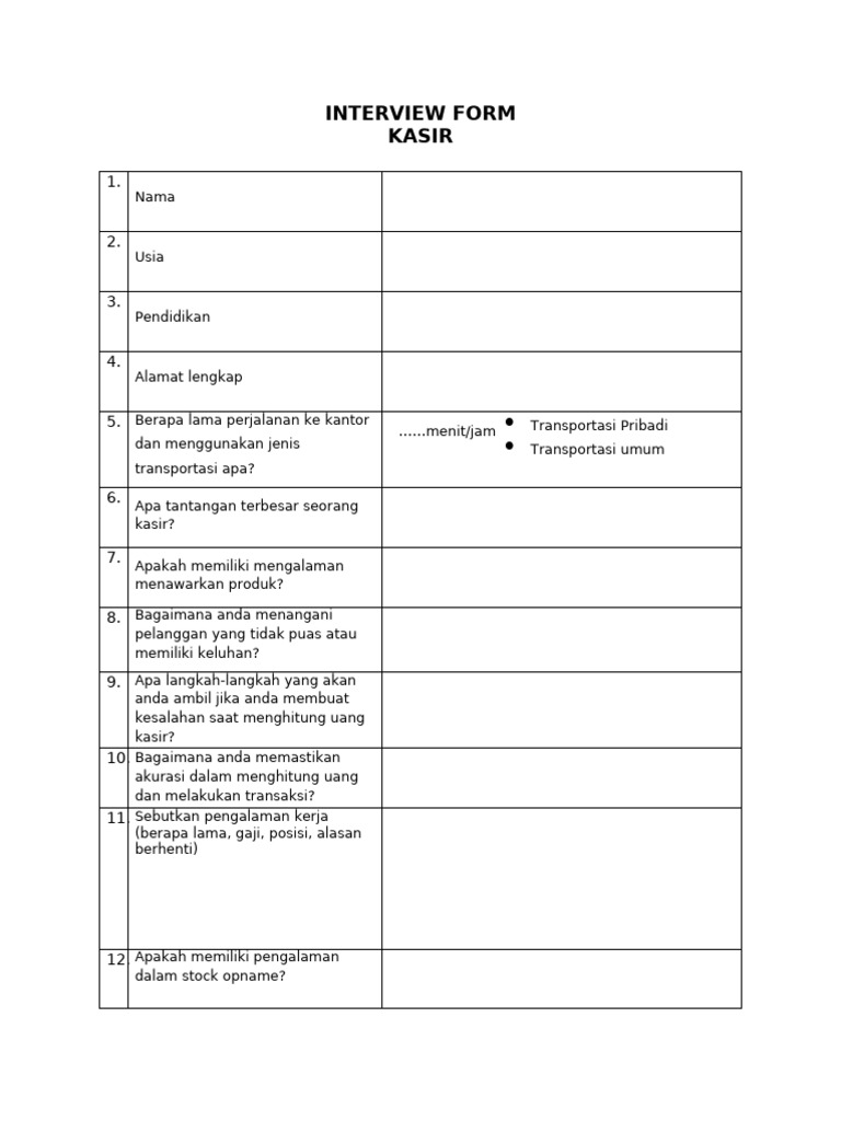 Interview Form Kasir | PDF