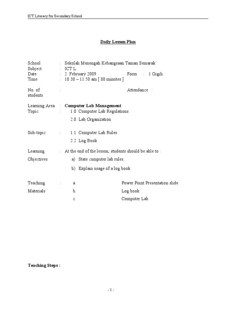 Daily Lesson Plan: ICT Literacy For Secondary School | PDF | Computers