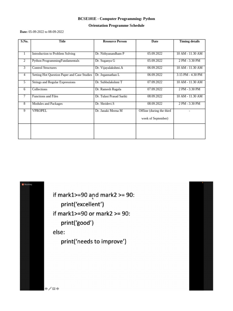 BCSE101E - Orientation Schedule | PDF