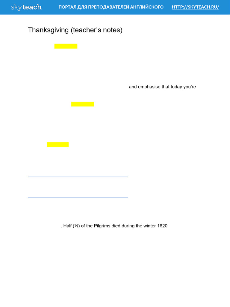 Thanksgiving Teachers Notes | PDF | Thanksgiving