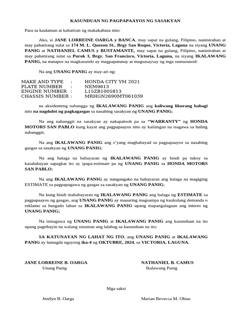 KASUNDUAN SA BANGGAAN NG SASAKYAN | PDF KASUNDUAN SA BANGGAAN NG SASAKYAN | PDF