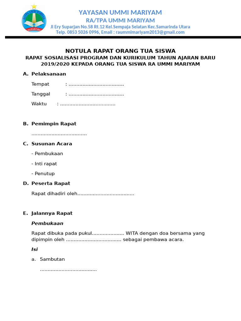 Notula Rapat Orang Tua RA Ummi Mariyam | PDF