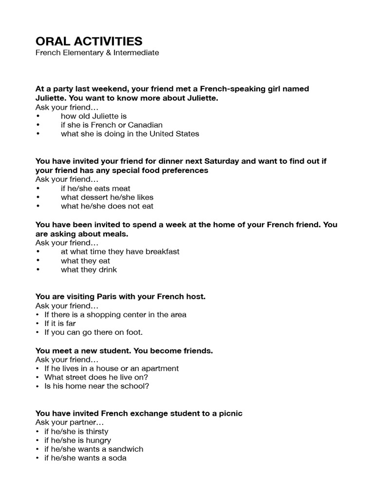 ORAL ACTIVITIES French Elementary & Intermediate | PDF