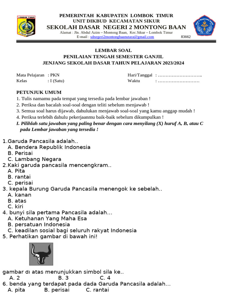 Soal PTS Kelas 1 (PKN) | PDF