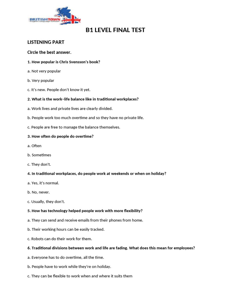 B1 Level English Final Test: Listening & Grammar | PDF
