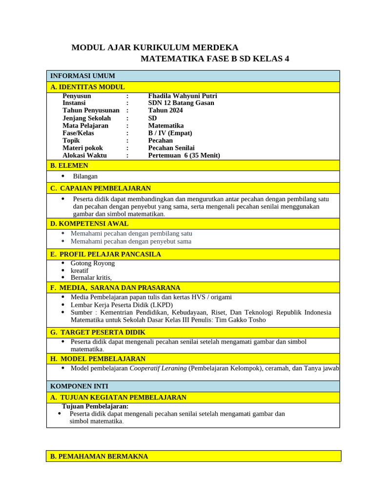 Modul Micro Teaching Fhadila Kelas IV | PDF
