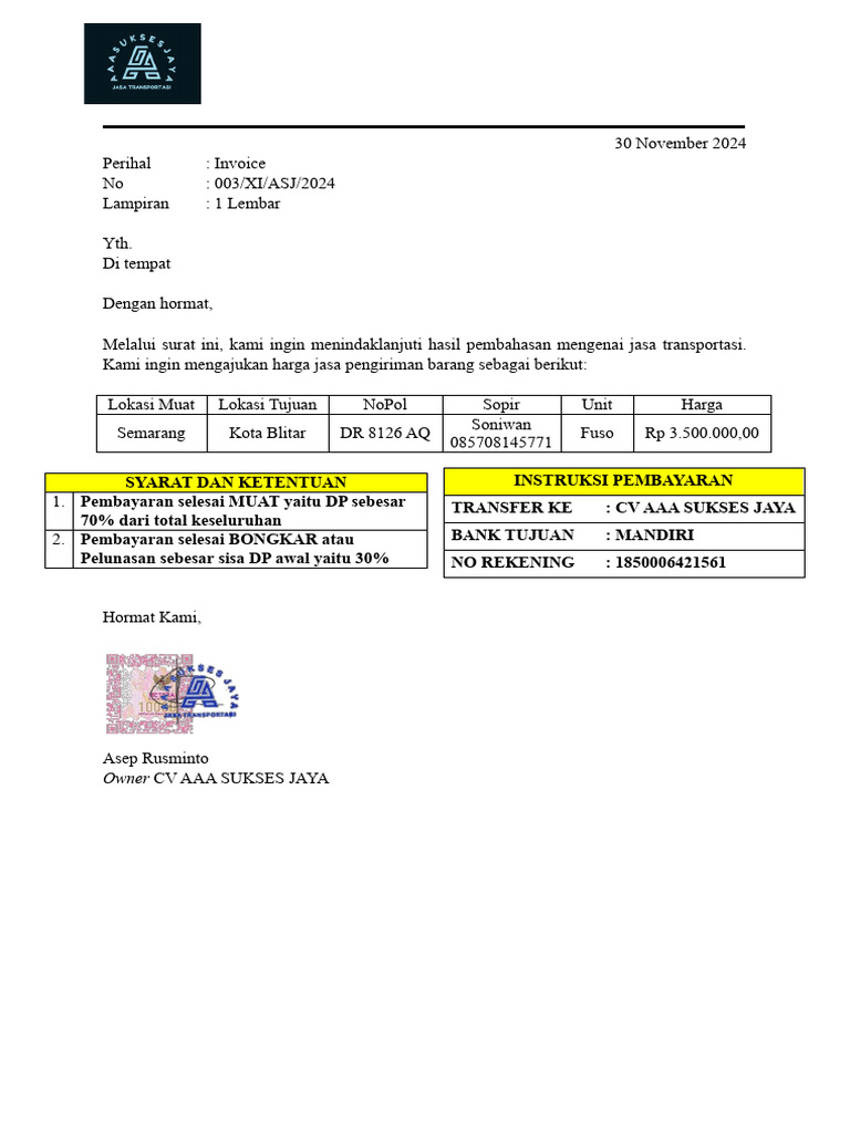 Invoice Jasa Transportasi CV Aaa Sukses Jaya | PDF