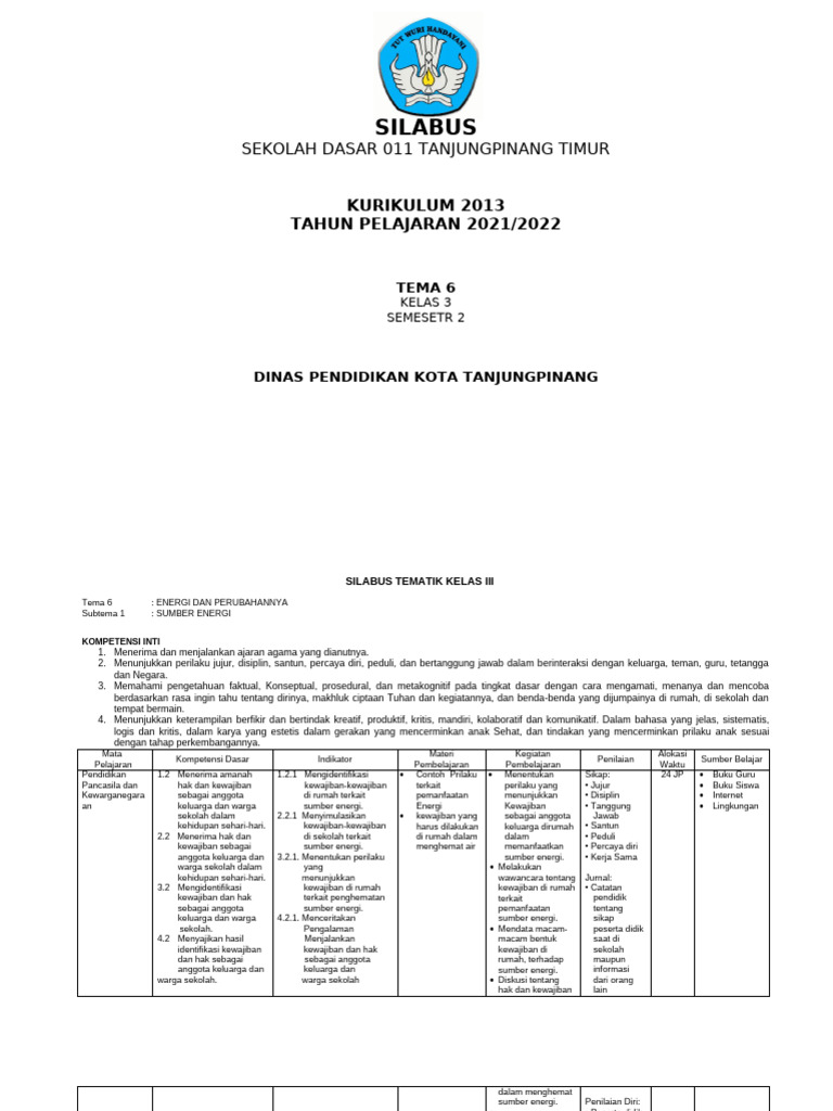 Silabus Kelas 3 Tema 6 | PDF