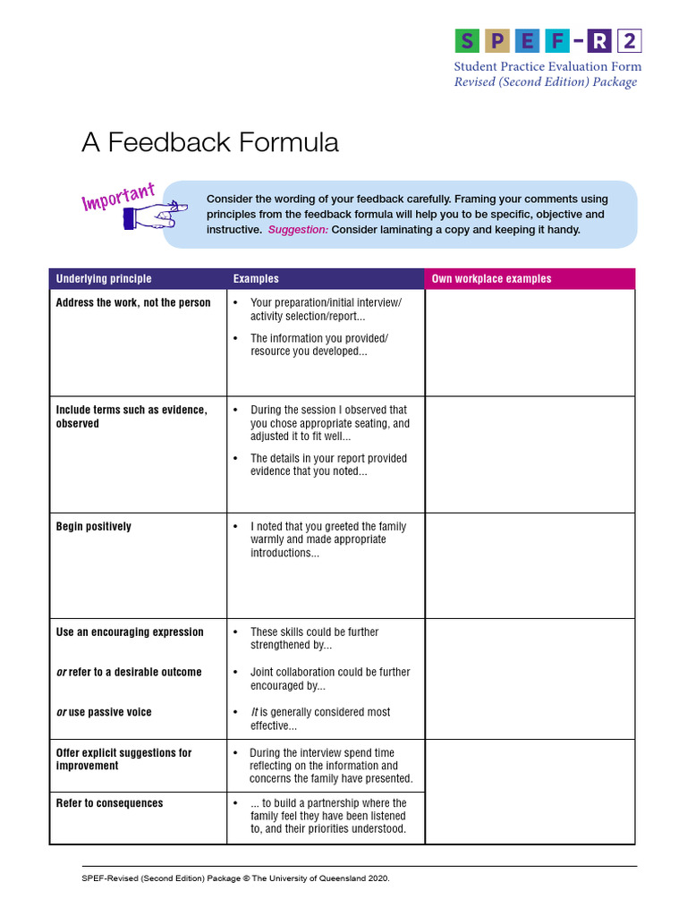 SPEF-R2 Feedback Formula Table | PDF | Cognition