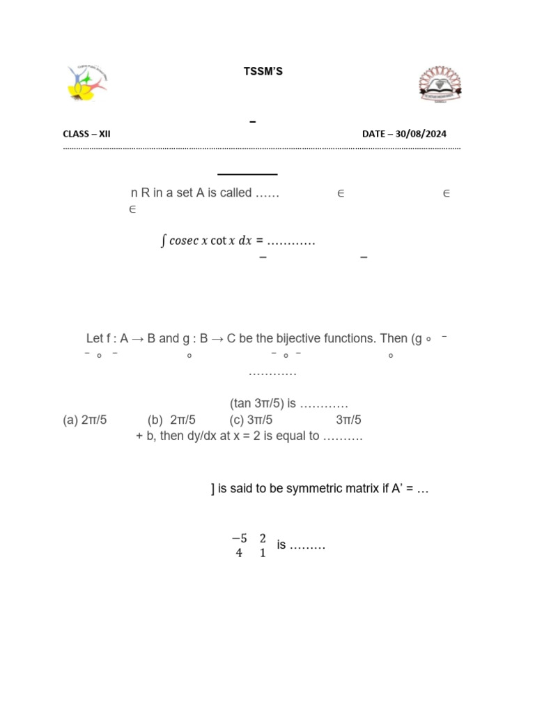 12th Maths Worksheet | PDF | Functions And Mappings | Mathematical Concepts