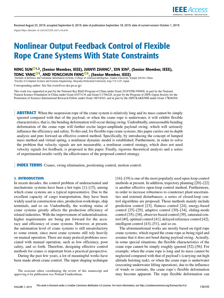 Nonlinear Output Feedback Control of Flexible Rope Crane Systems With State Constraints | PDF ...