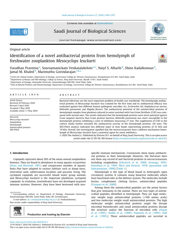 Identification of A Novel Antibacterial Protein From Hemolymph of Freshwater Zooplankton ...
