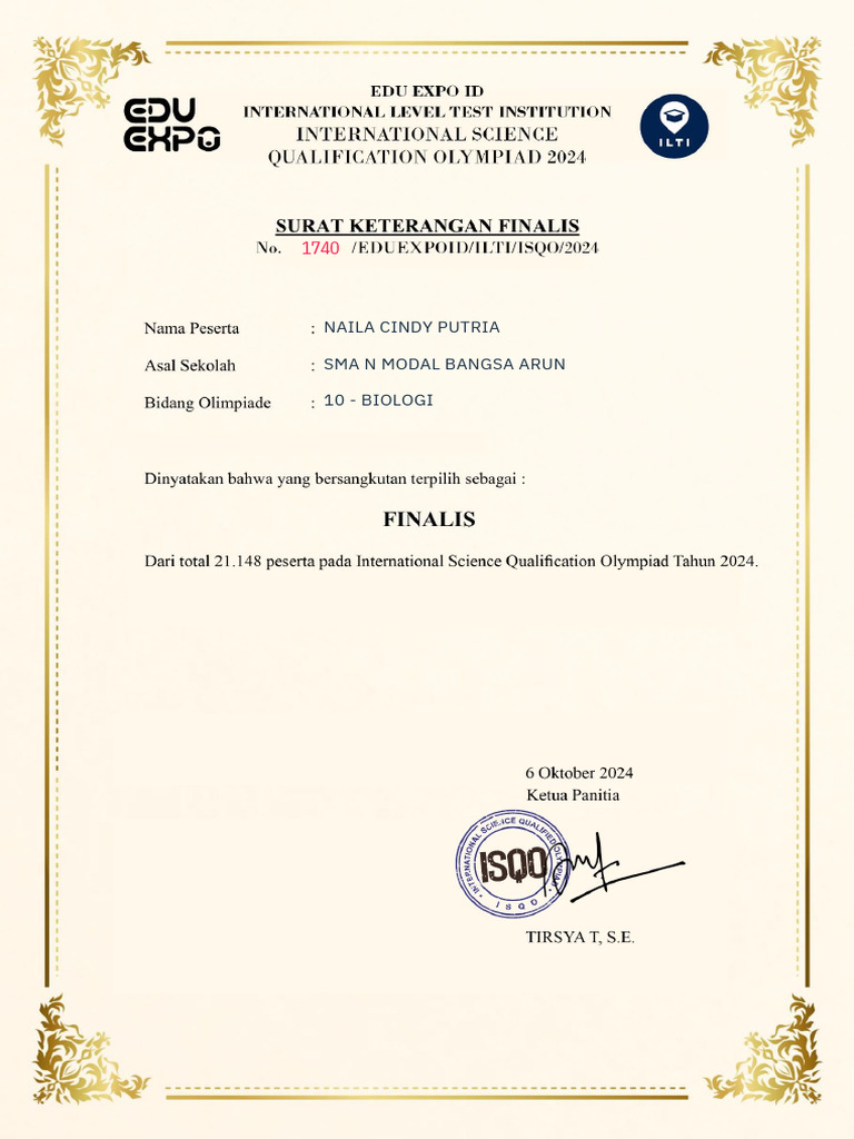 NAILA CINDY PUTRIA - SURAT KETERANGAN FINALIS ISQO 2024.pdf - 20241021 ...