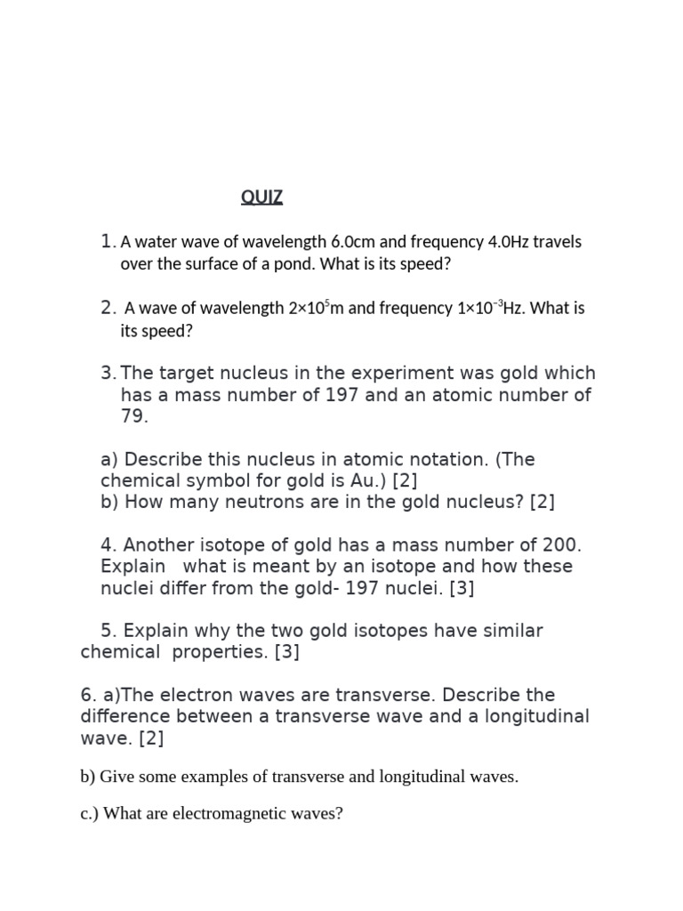 Grade 9 Physics Quiz on Waves and Isotopes | PDF