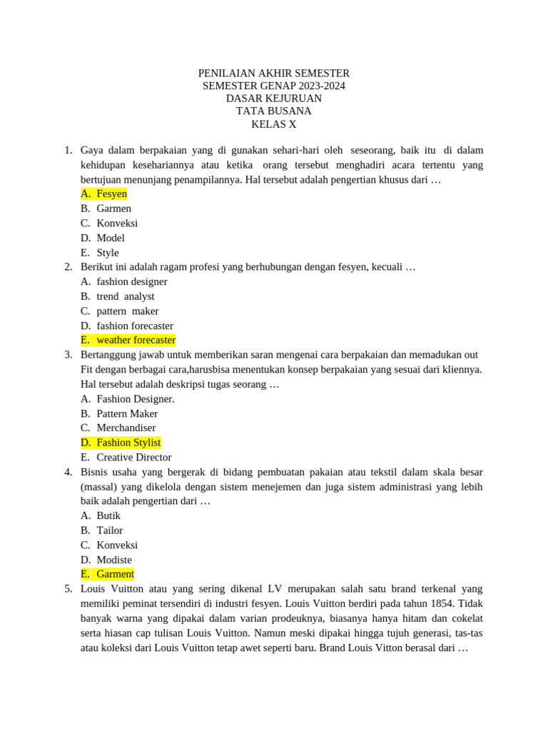 Soal UAS Dasar Kejuruan Kelas X Genap 2024 | PDF