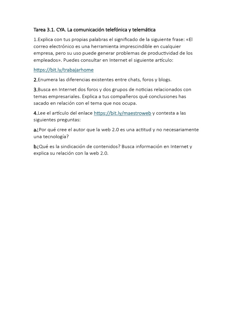 Tarea 3.3 CYA. La Comunicación Telefónica y Telemática | PDF