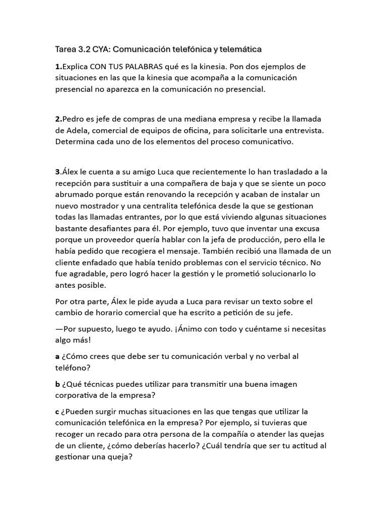 Tarea 3.2 CYA. La Comunicación Telefónica y Telemática | PDF