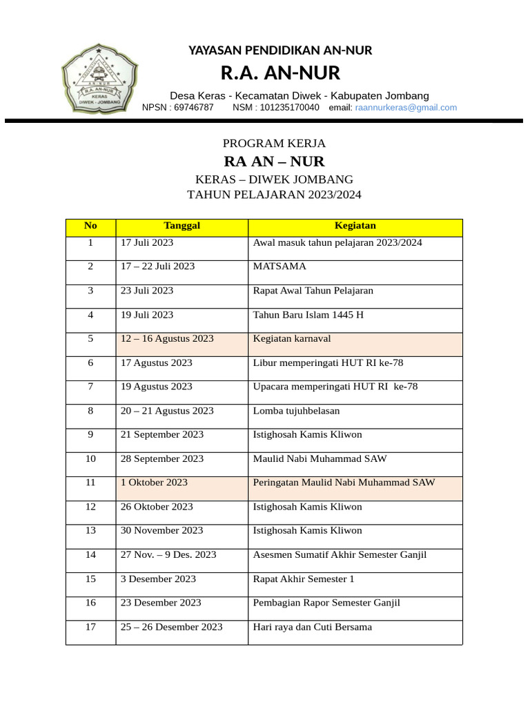 Program Kerja RA An-Nur TP 2023-2024 | PDF