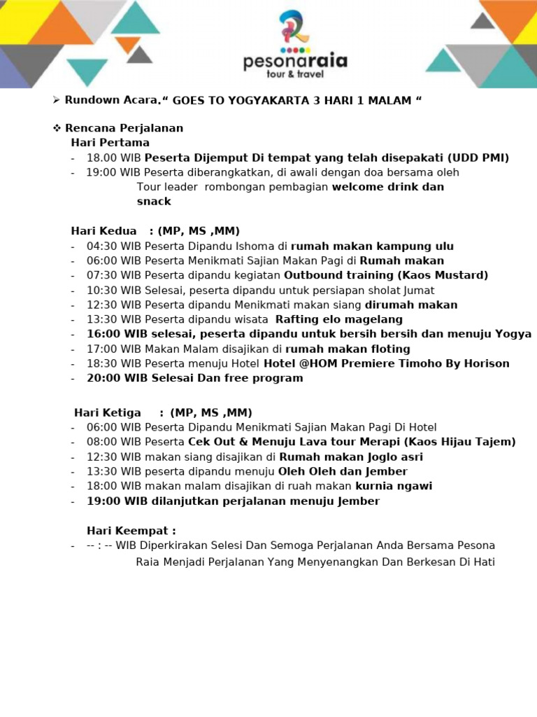 Rundown Piknik Yogyakarta 3 Hari | PDF