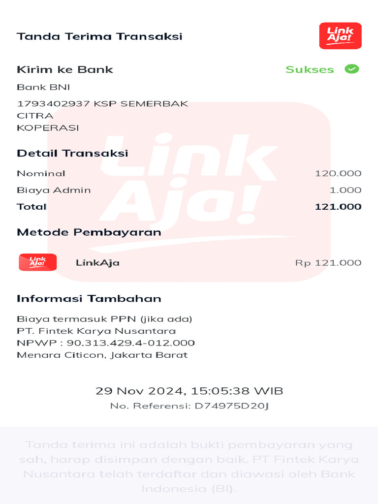 LinkAja RECEIPT 20241129 150600 20241129 150600 | PDF