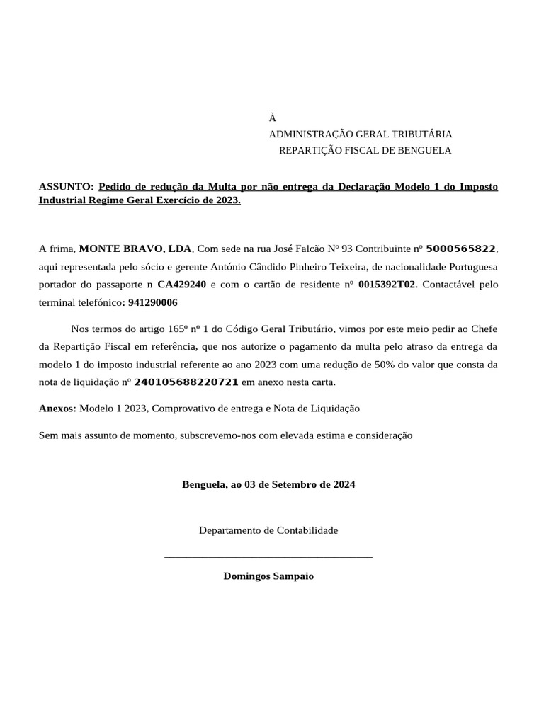 Carta de Pedido de Redução de Multa | PDF