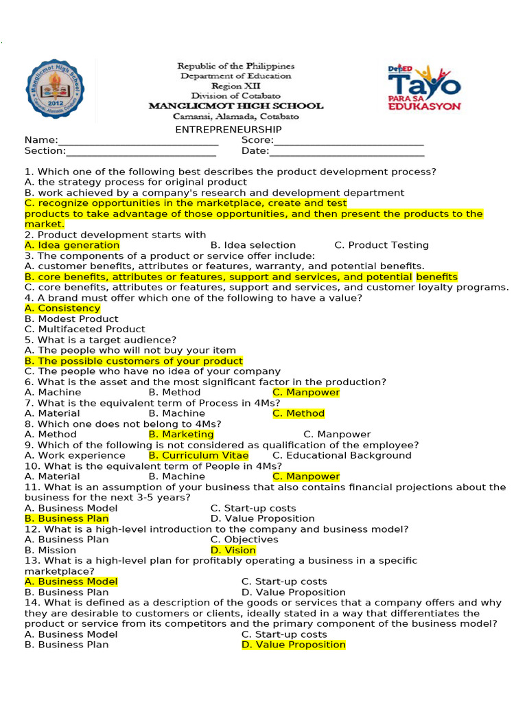 ENTREPRENEUR TEST Q4 With ANSWERS | PDF | Bookkeeping | Equity (Finance)