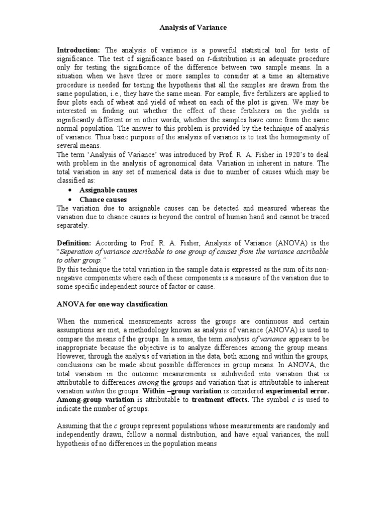 ANOVA For One Way Classification Theory | PDF | F Test | Analysis Of ...
