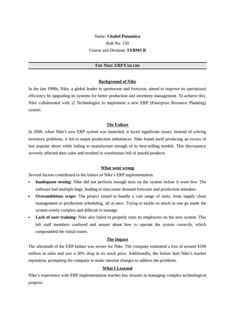 Nike Erp Failure Chahel Punamiya Pdf Enterprise Resource Planning
