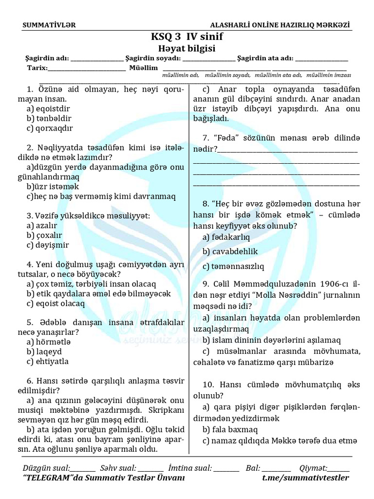 Həyat Bilgisi - KSQ 3 | PDF
