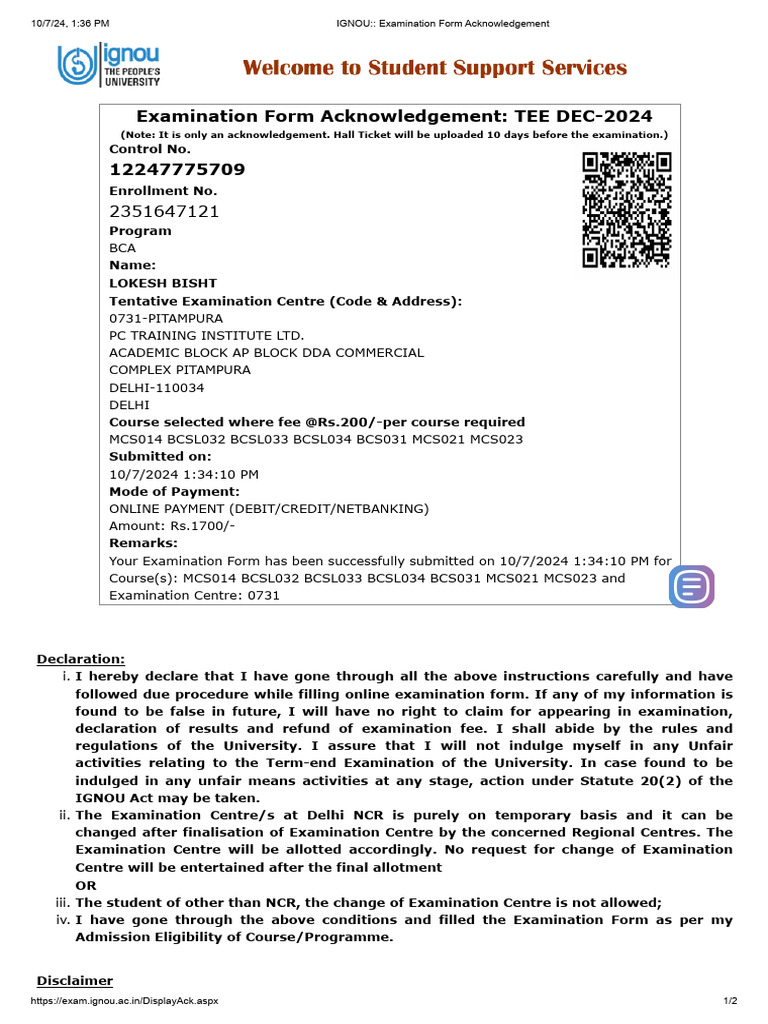 IGNOU - Examination Form Acknowledgement | PDF