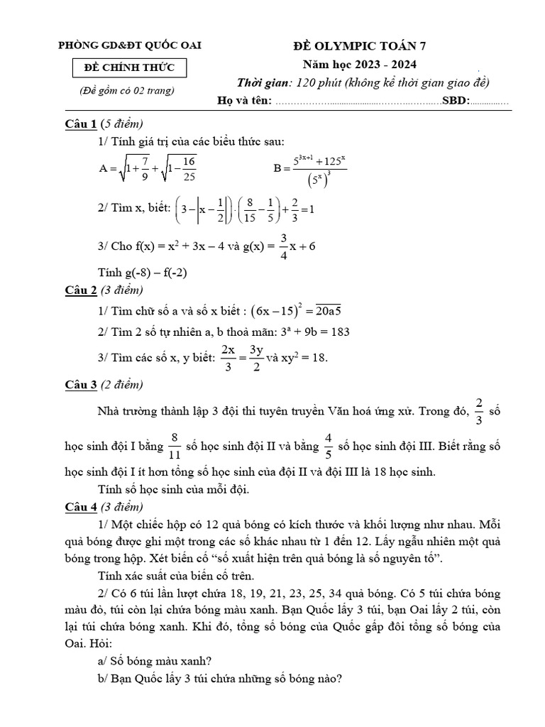 Olympic Toan 7 Ha Dong | PDF