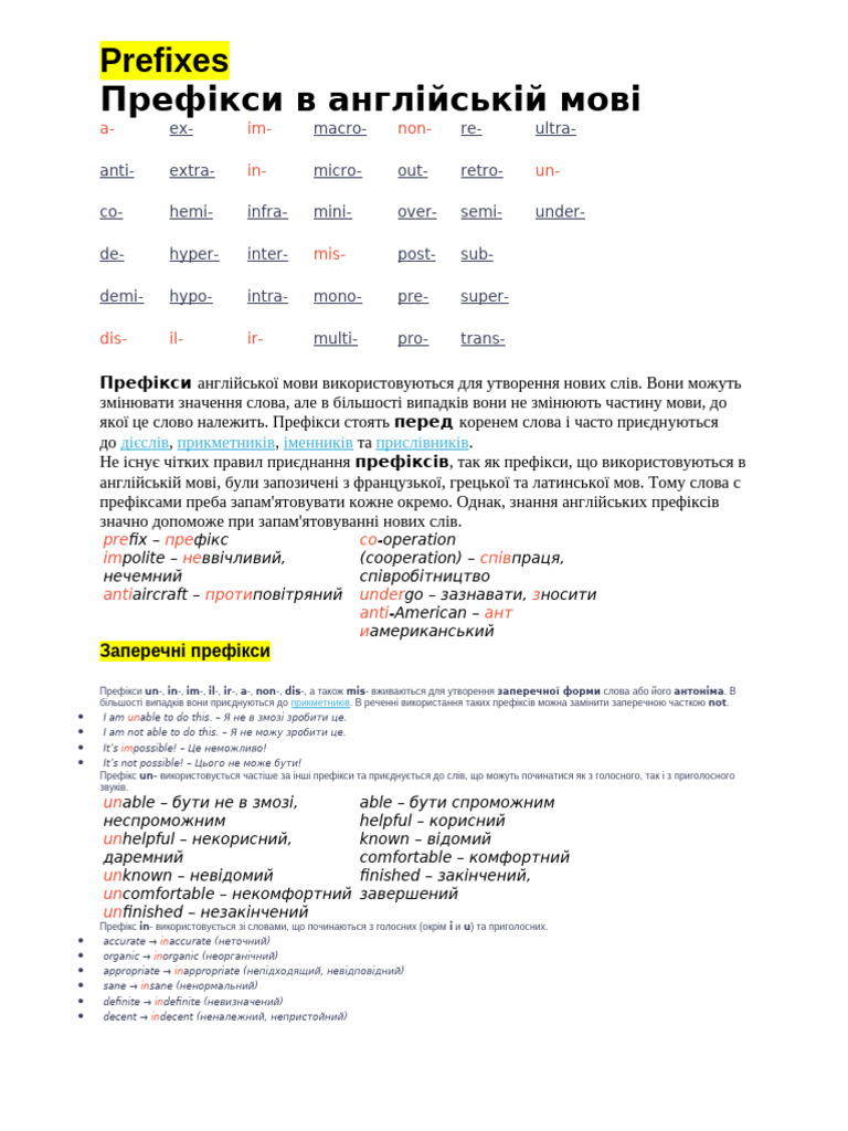 Prefixes in English | PDF