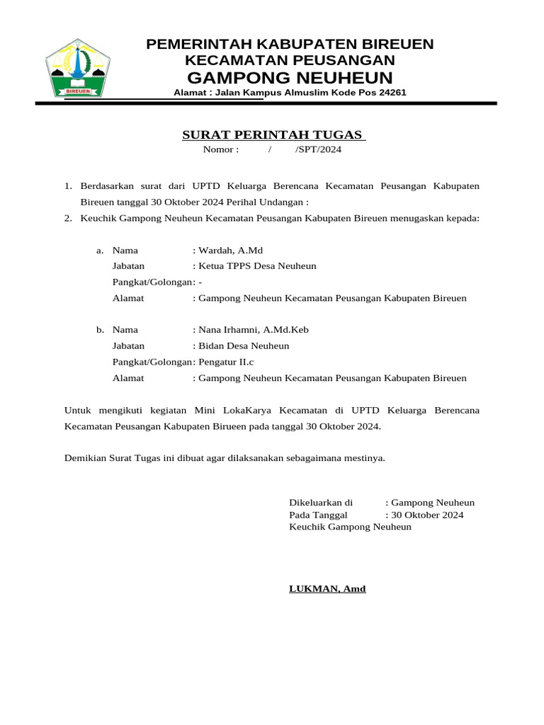 SURAT PERINTAH TUGAS (SPT) NEUHEUN | PDF