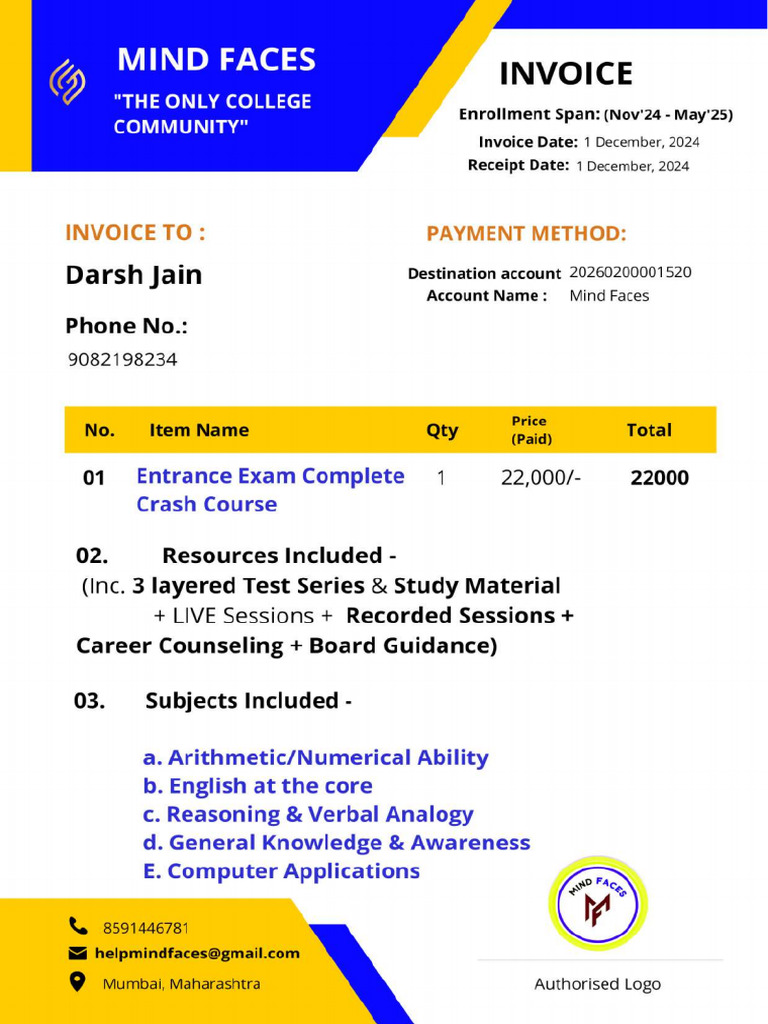 Darsh Jain Confirmation Receipt - Mind Faces Entrance Preparation Course | PDF