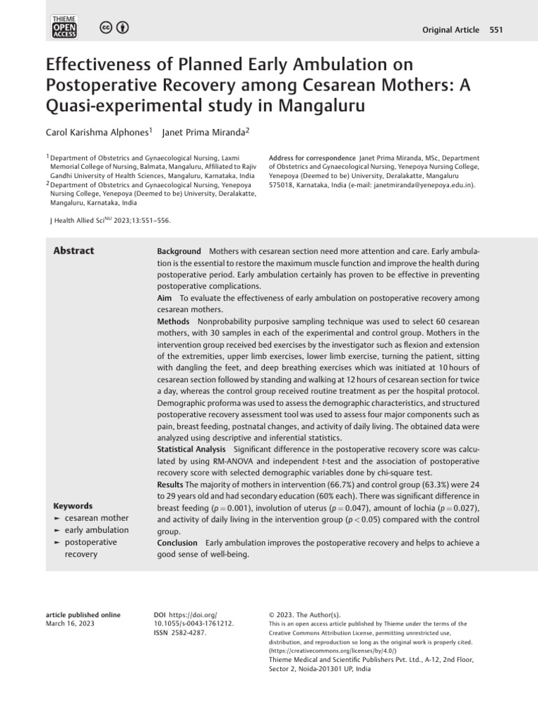 Effectiveness of Planned Early Ambulation On Posto | PDF | Caesarean ...
