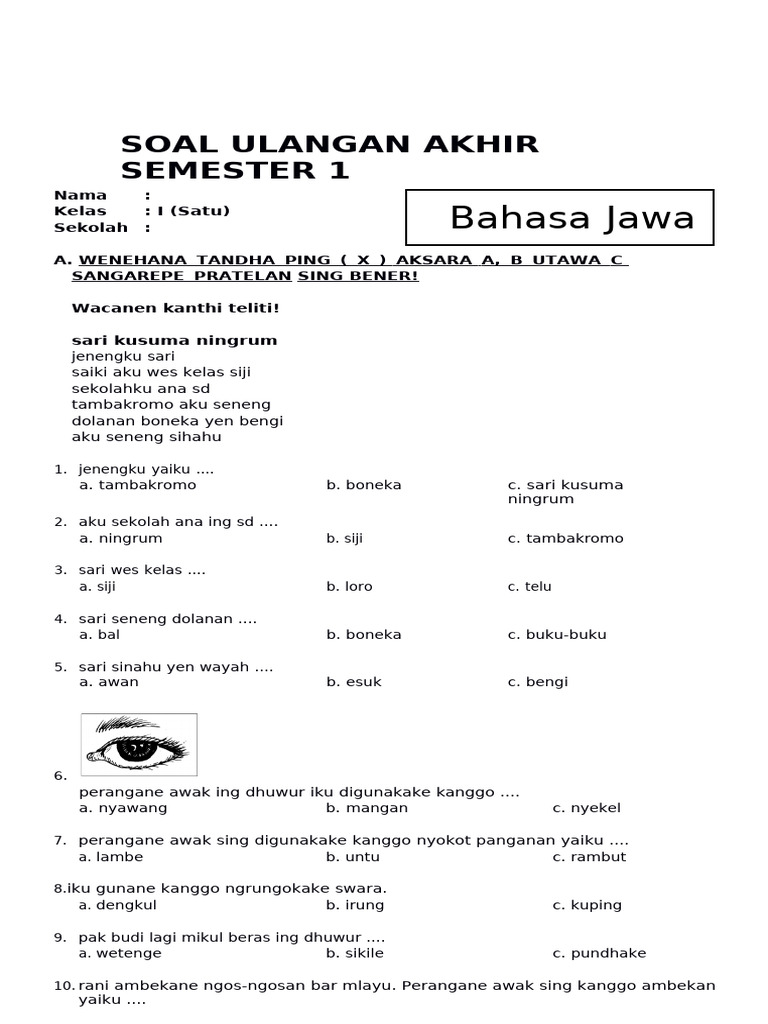 Soal UAS Bahasa Jawa Kelas 1 SD Semester 1 (Ganjil) Dan Kunci Jawabannya | PDF