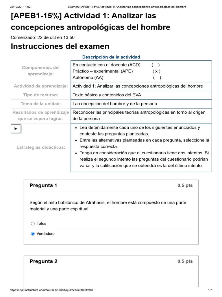 Examen_ [APEB1-15%] Actividad 1_ Analizar las concepciones antropológicas del hombre | PDF ...