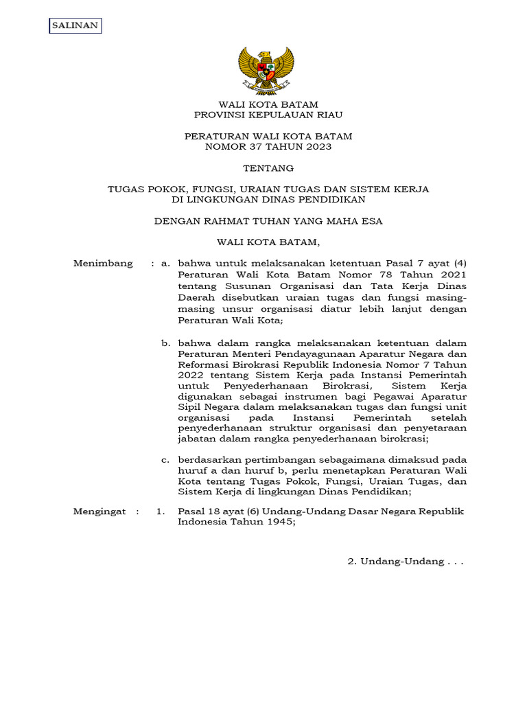 Peraturan - Walikota - Batam - No - 37 - Tahun - 2023 SOTK Disdik | PDF