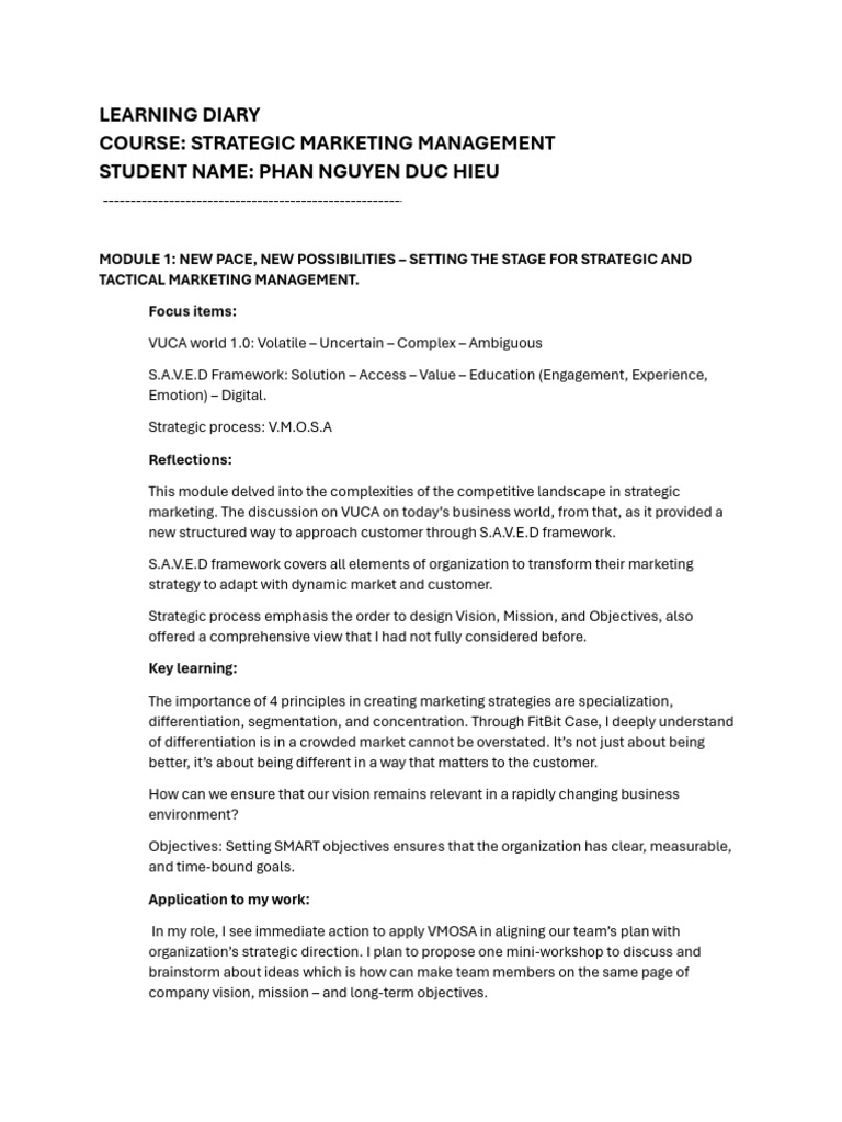 Strategic Marketing Management - LEARNING DIARY - Hieu Phan | PDF | Marketing | Pricing