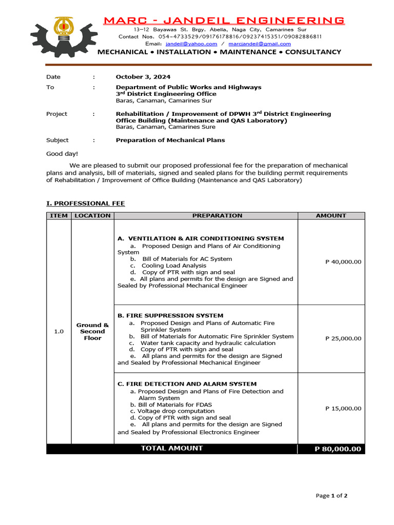 Proposal For Preparation of Mechanical Plans (Maintenance QAS BLDG ...