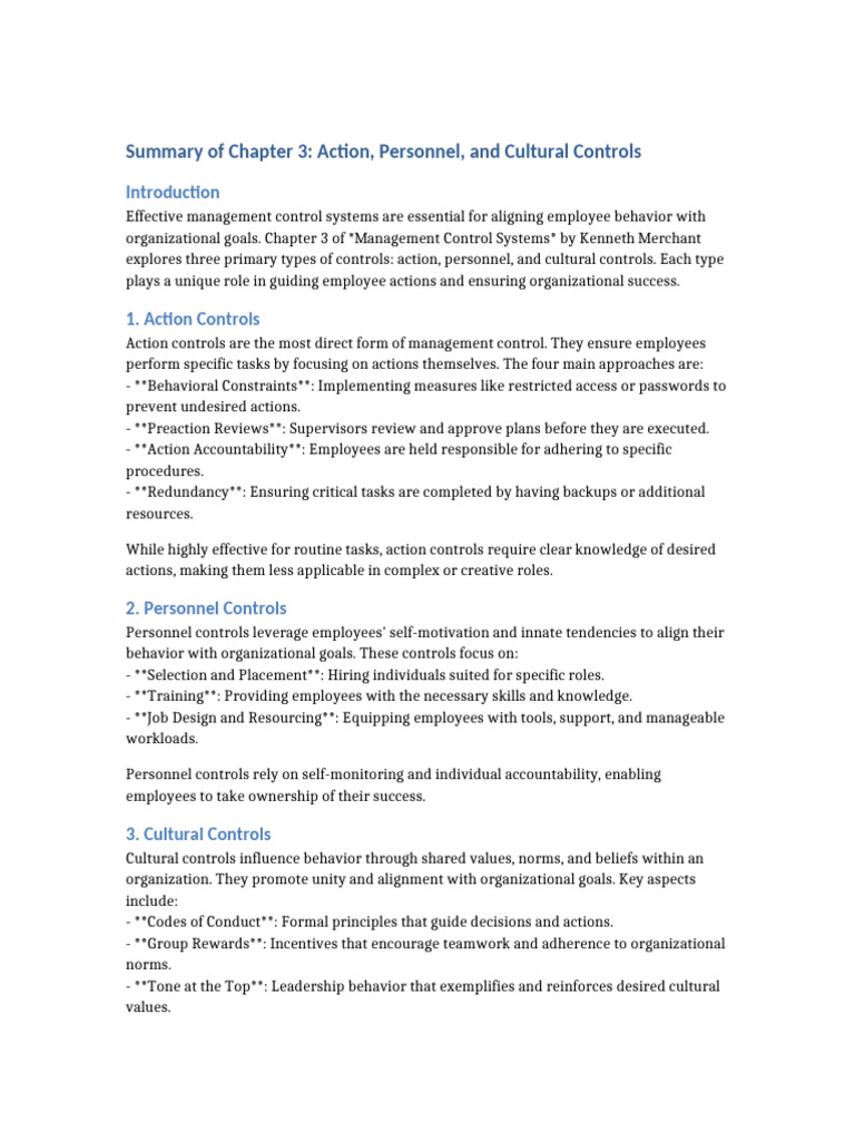 Chapter 3 Action Personnel Cultural Controls Summary | PDF | Employment ...