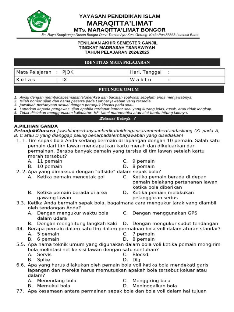 Rakit Soal UAS GANJIL Pjok Kelas XI | PDF