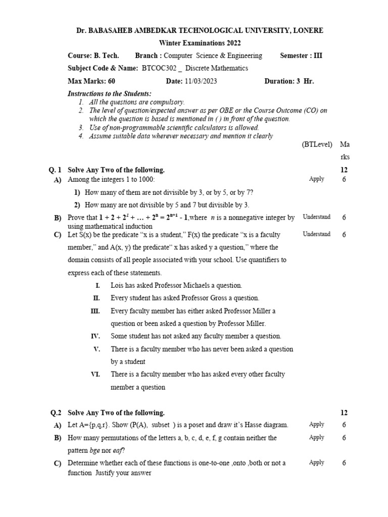 Discrete Mathematics Exam Paper 2022 | PDF | Mathematics | Discrete ...