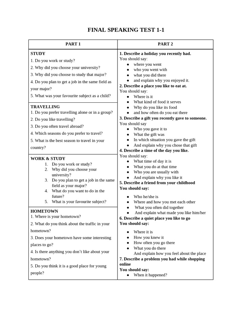 Cue Card - Final Speaking Test 1-1 | PDF