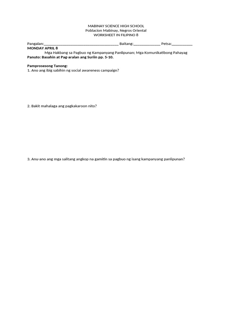 Worksheet Filipino8 | PDF