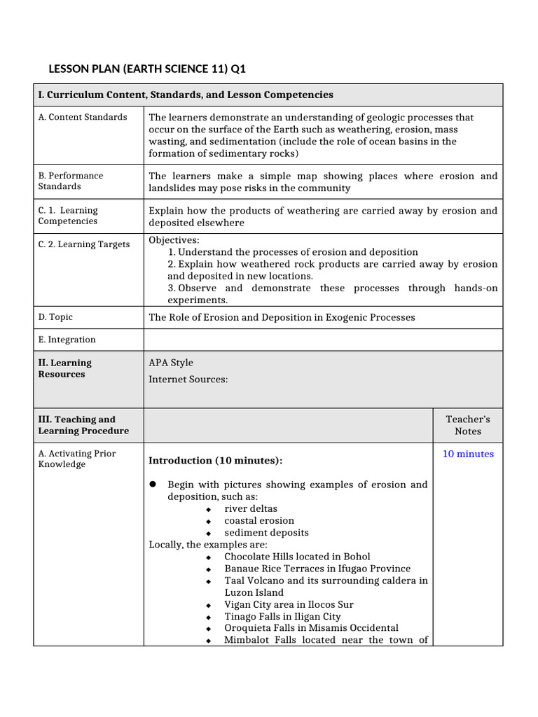 Erosion and Deposition in Exogenic Processes Lesson Plan | PDF ...