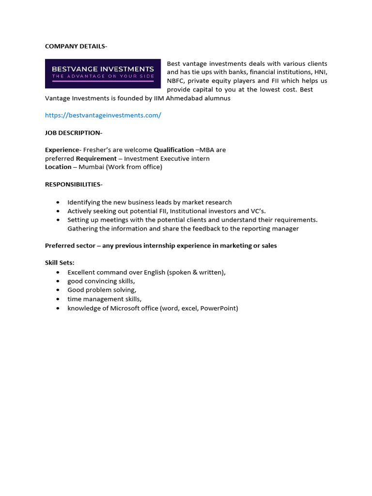 JD For Investment Intern - Bestvantage Investments | PDF