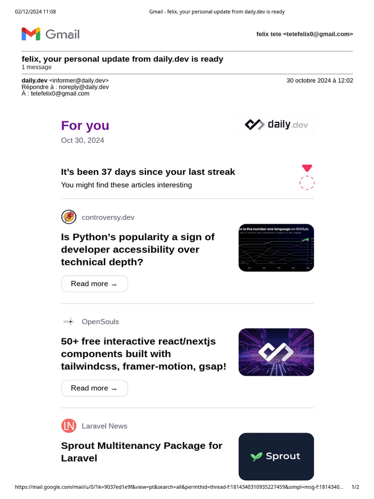Gmail - felix, your personal update from daily.dev is ready | PDF | Gmail | Computing