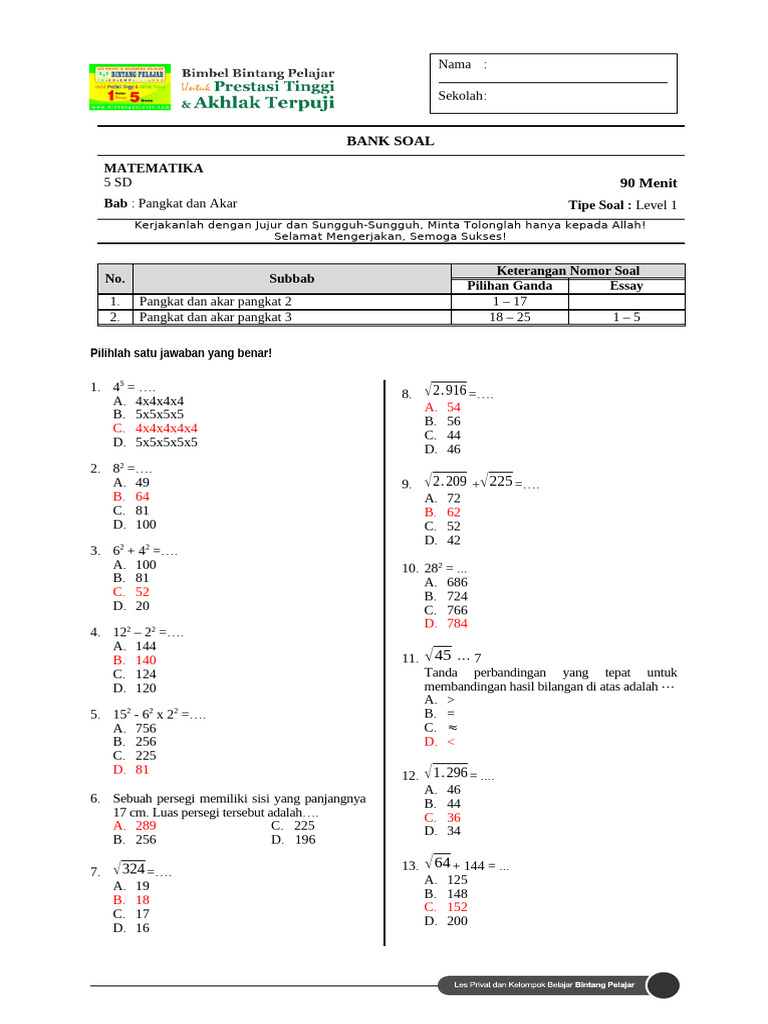 21. Bank Soal MTK 5D Bab Pangkat dan Akar Lvl 1 | PDF